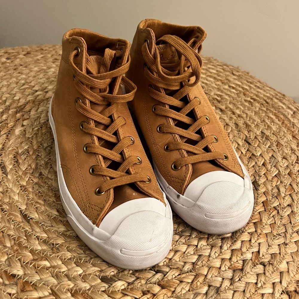 Converse Jack Purcell Tan Brown Leather Mid-Top Sneak… - Gem